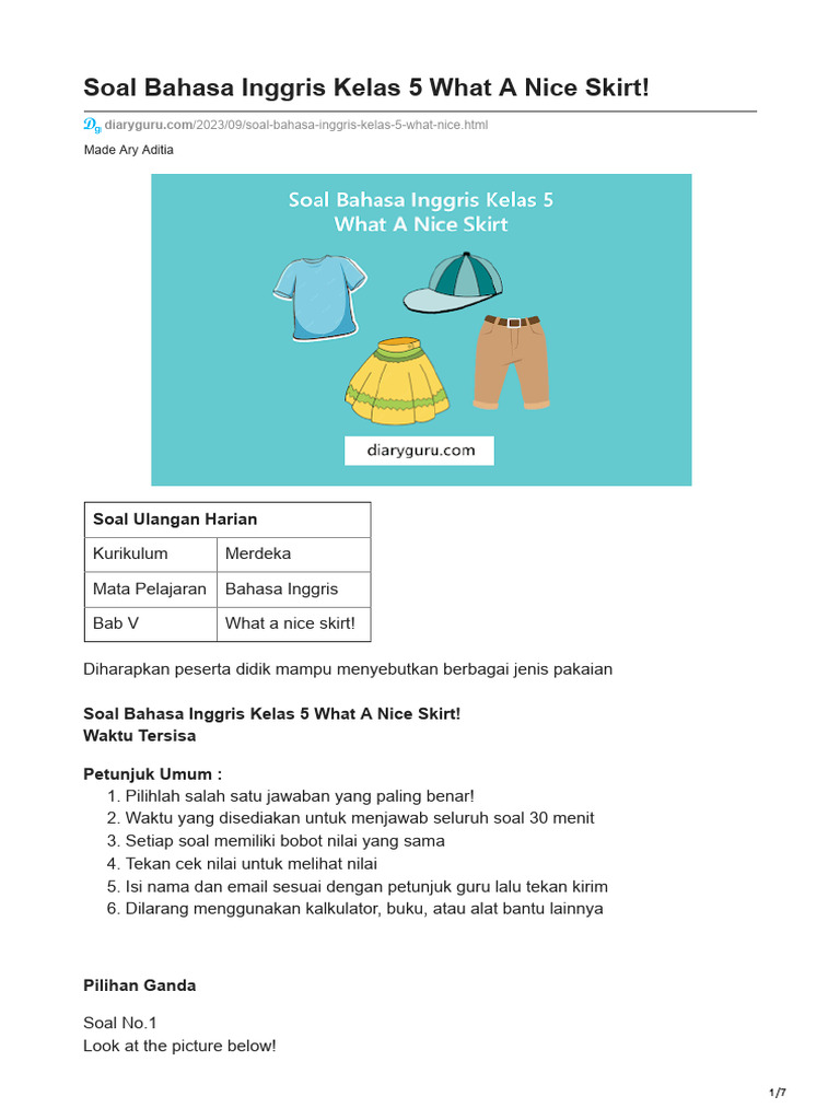 diaryguru.com-Soal Bahasa Inggris Kelas 5 What A Nice Skirt | PDF | Human Appearance | Dress Codes