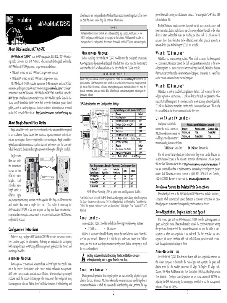 Manual Tarjeta IMC MedialinX TX/SSFX | PDF | Duplex (Telecommunications) | Network Switch