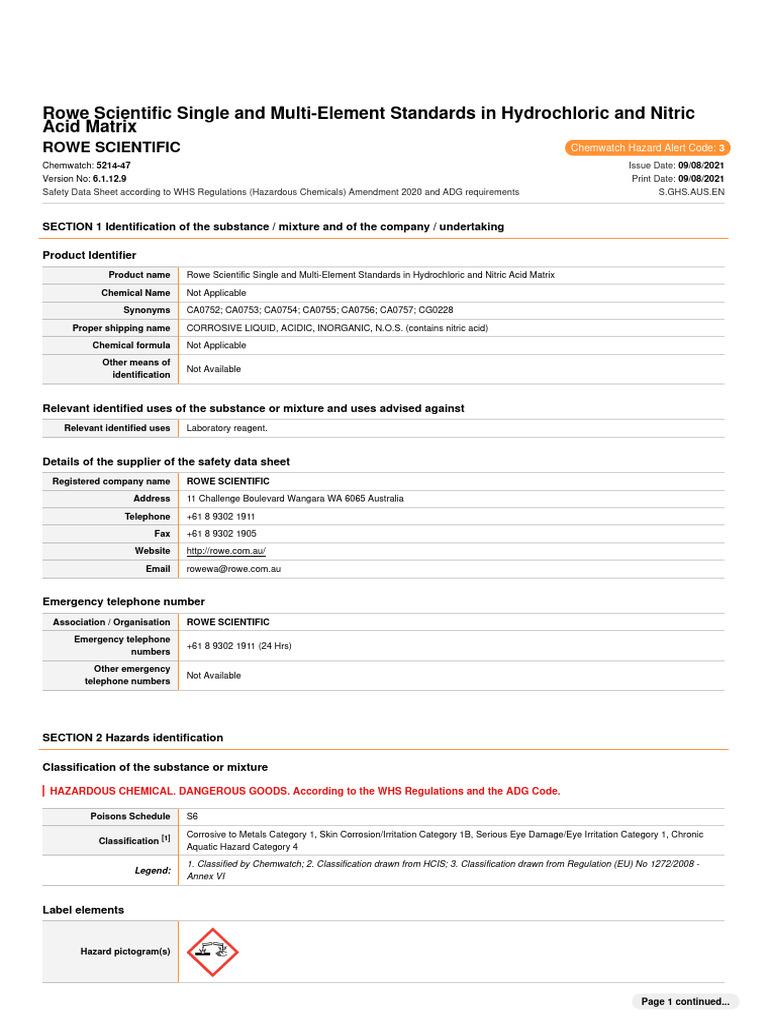 Rowe Scientific Single and Multi-Element Standards in Hydrochloric and Nitric Acid Matrix | PDF ...