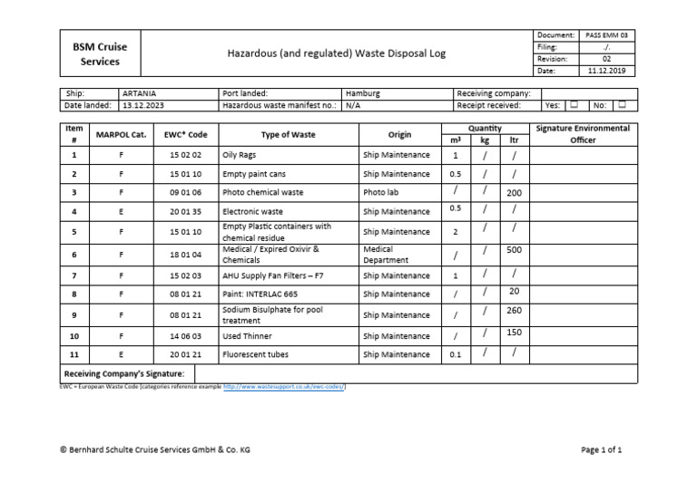 PASS EMM 03 - Hazardous (And Regulated) Waste Disposal Log - Hamburg 13 ...