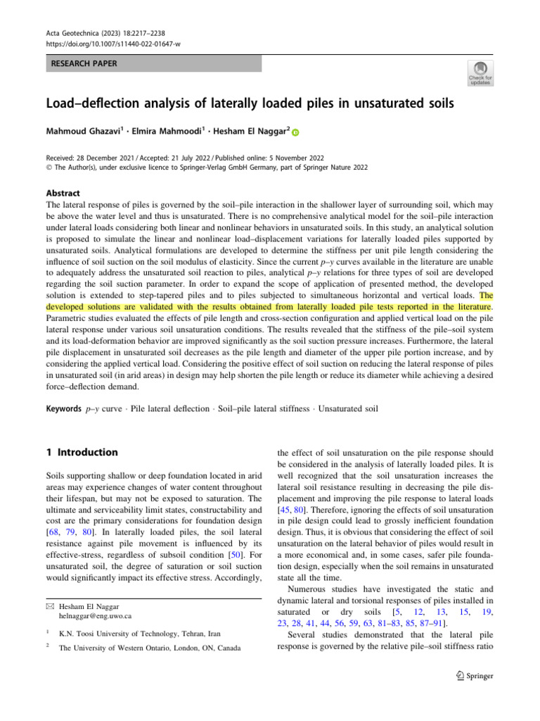 Load-Deflection Analysis of Laterally Loaded Piles in Unsaturated Soils ...