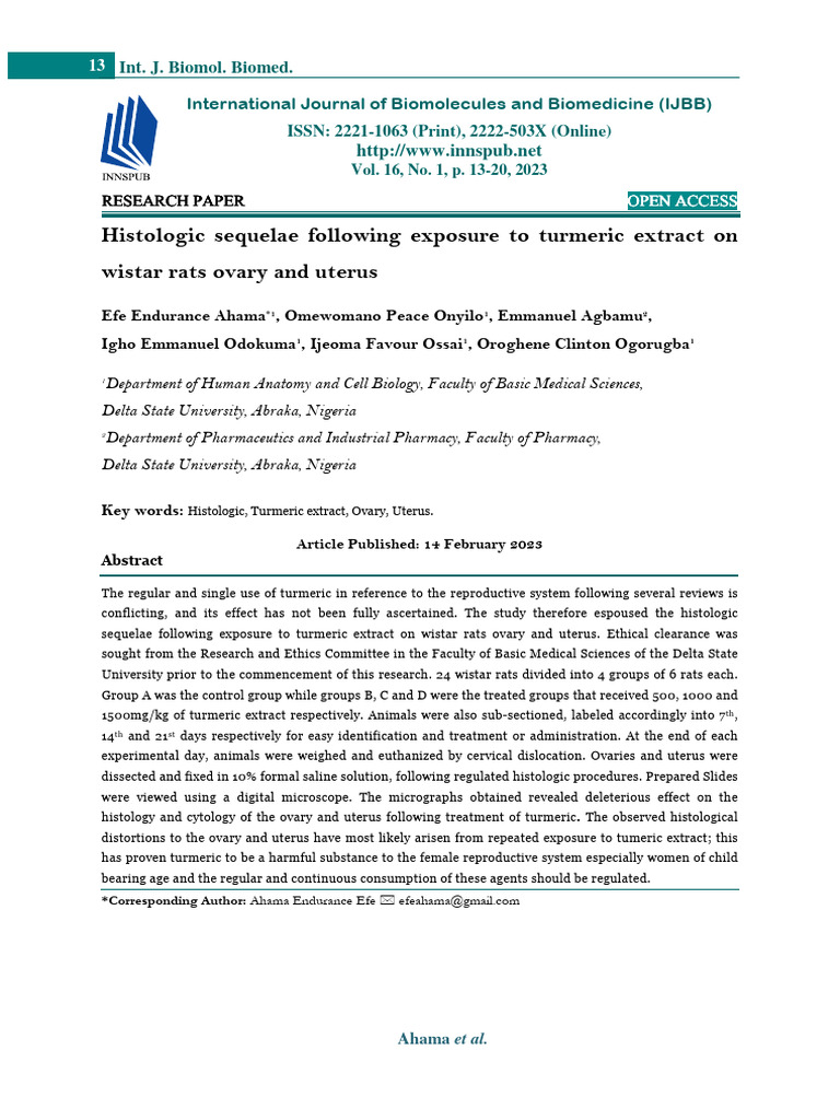 Histologic Sequelae Following Exposure To Turmeric Extract On Wistar ...