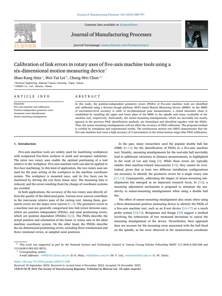 2023 Calibration Of Link Errors In Rotary Axes Of Five Axis Machine Tools Using A Six