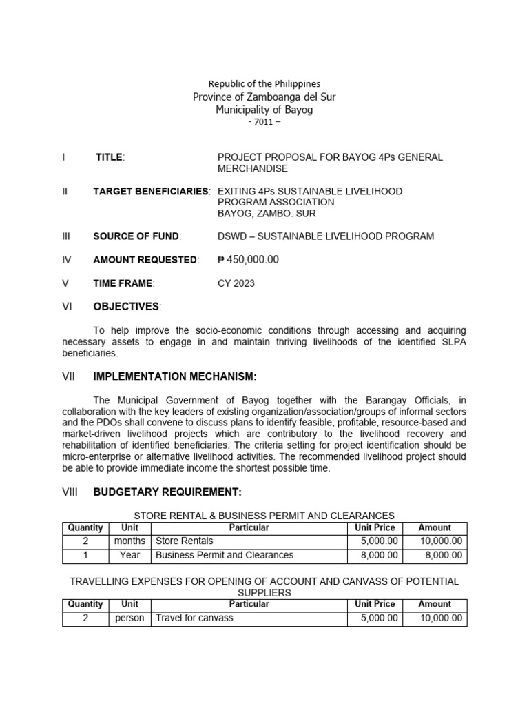 Bayog 4Ps Livelihood Project Proposal | PDF | Foods
