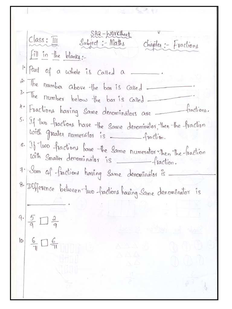 CBSE Class 3 Mathematics Worksheet (93) - Fractions | PDF