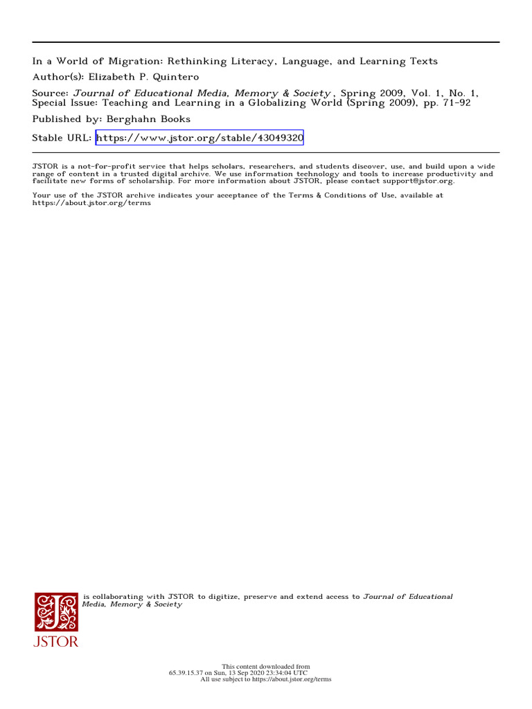 WK 7 - Quintero - in A World of Migration - Rethinking Literacy | PDF