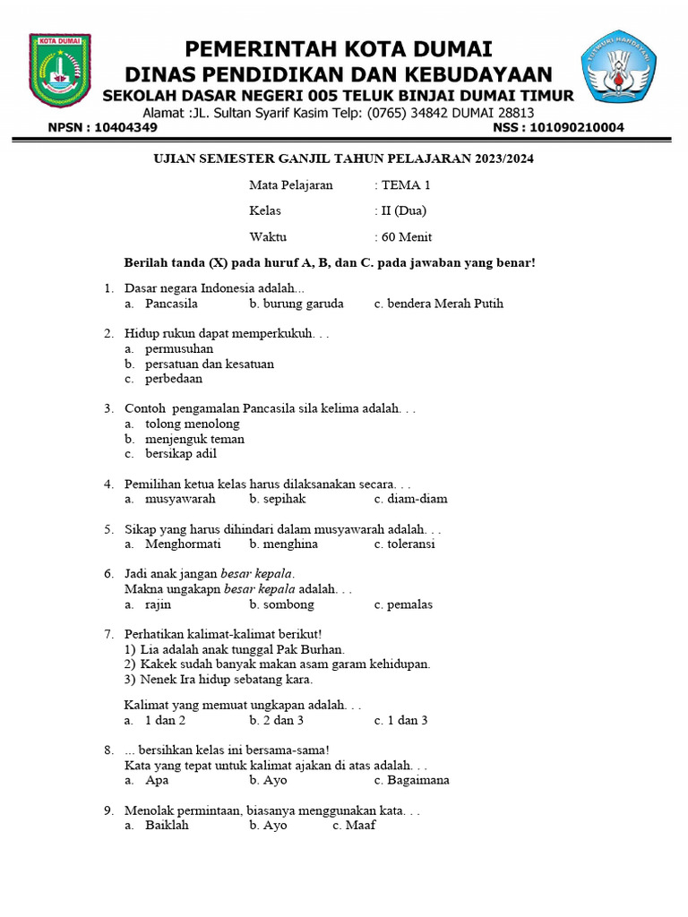Soal Ujian Tema 1 Kelas 2B | PDF