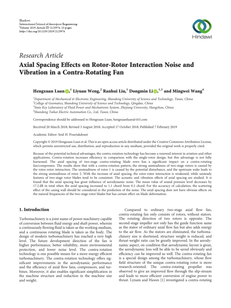 Research Article Axial Spacing Effects On Rotor-Rotor Interaction Noise and Vibration in A ...