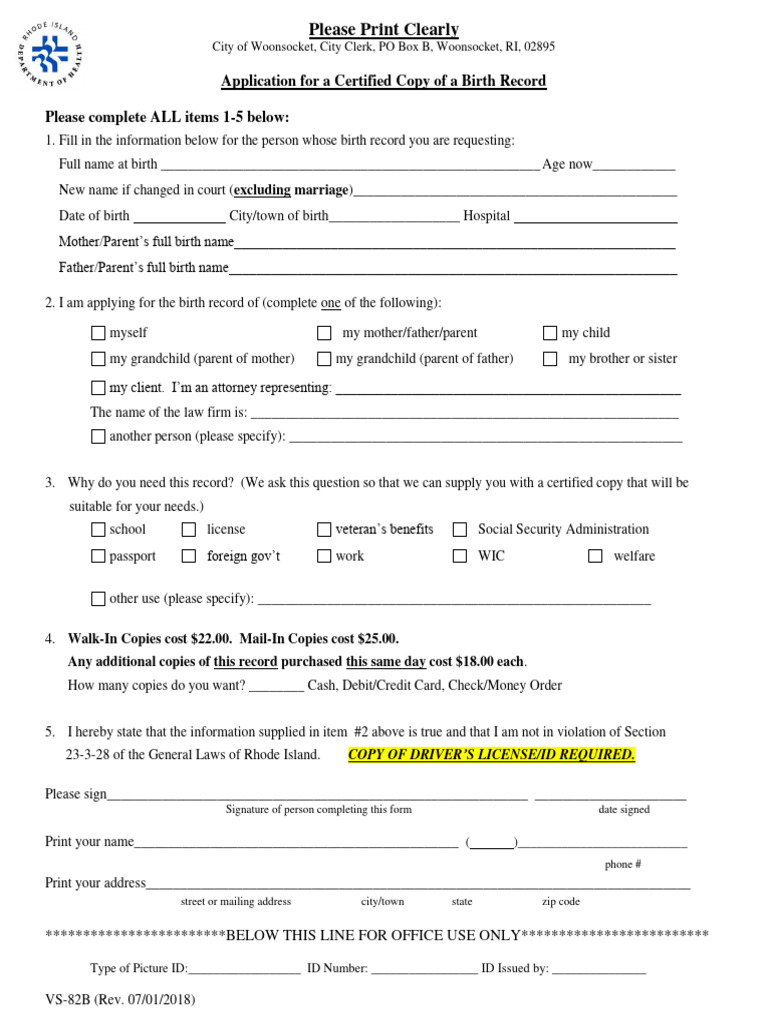Please Print Clearly: Application For A Certified Copy of A Birth ...