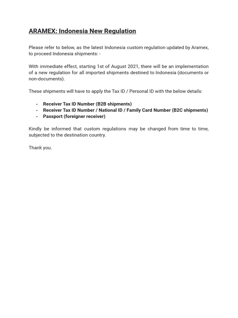 ARAMEX - Indonesia New Regulation | PDF
