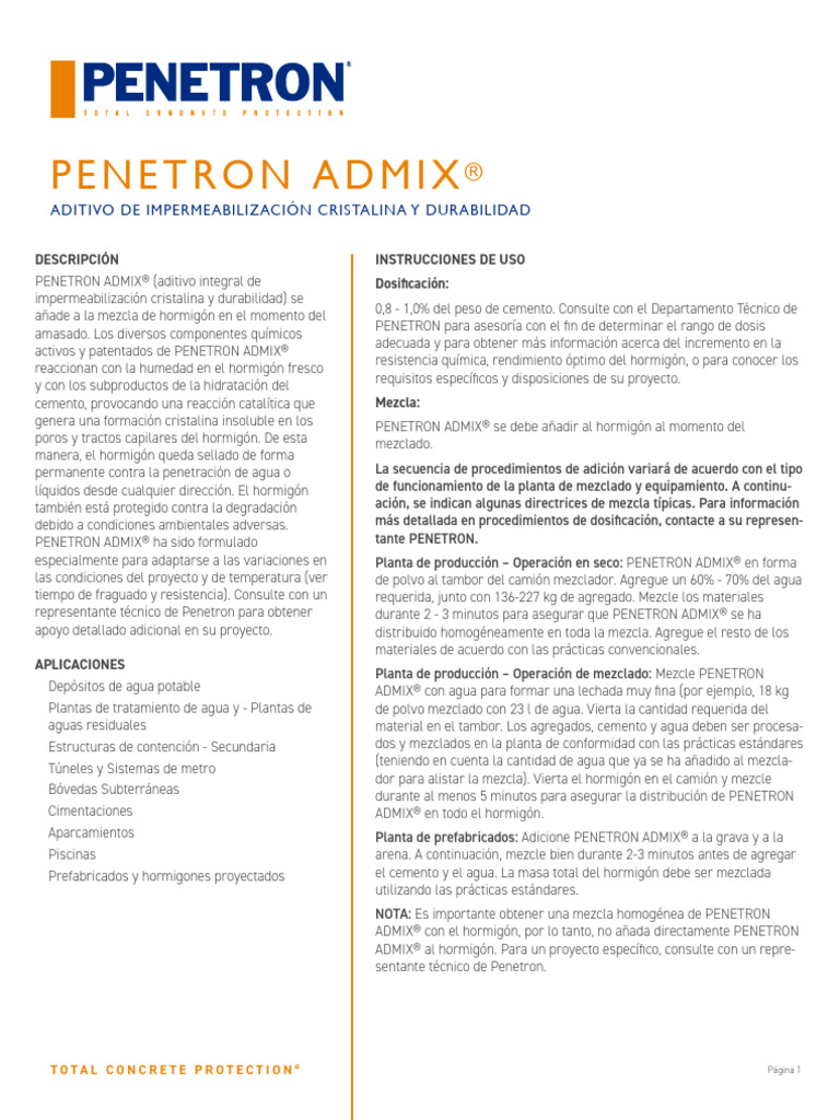 Penetron Admix Data Sheet | PDF | Hormigón | Cemento