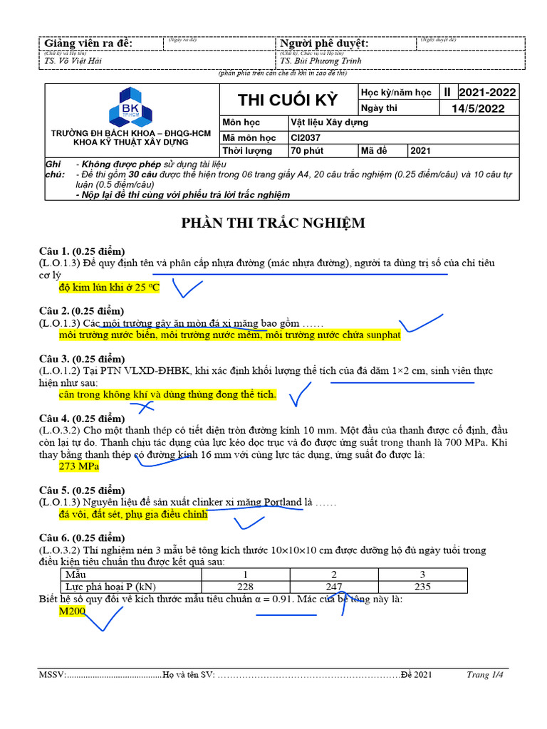 Gợi ý đáp án đề thi cuối kỳ VLXD - HK212 | PDF
