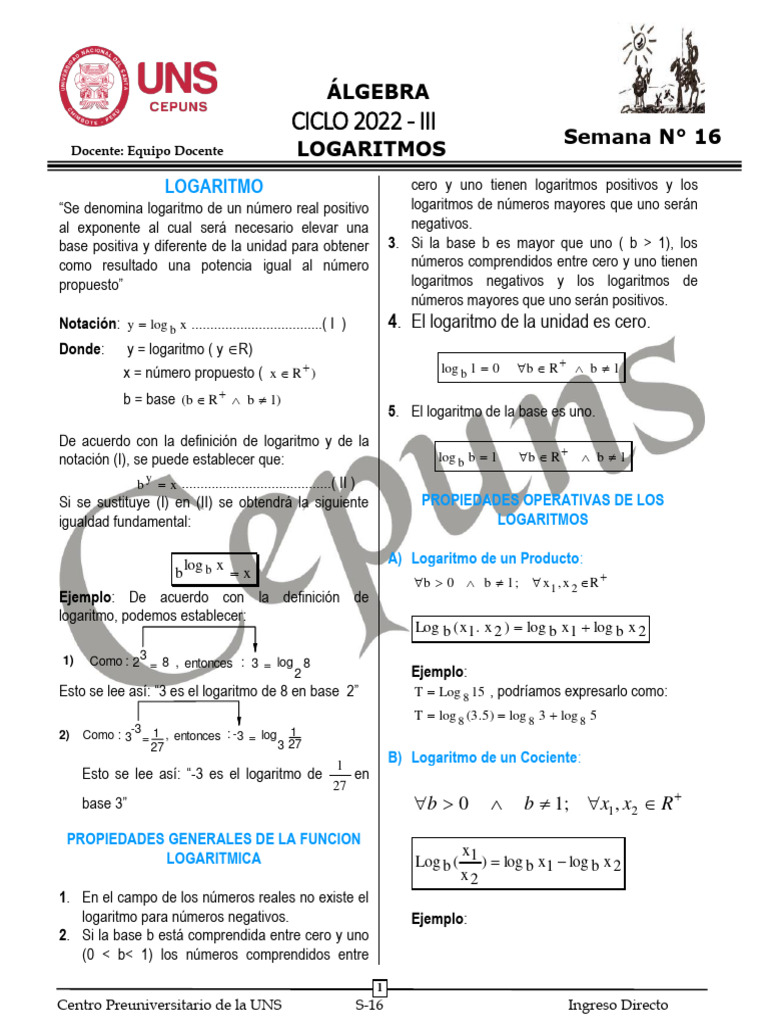 Algebra Sem 16 - 2022 III | PDF | Logaritmo | Objetos matemáticos