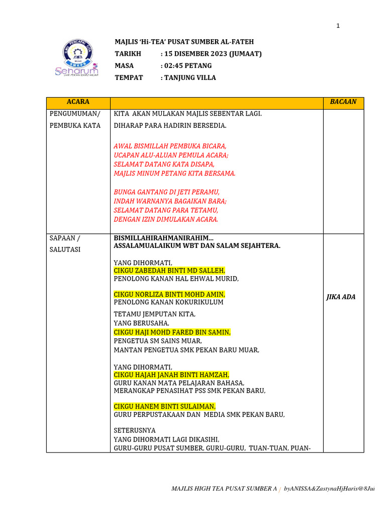Teks Acara Majlis High Tea PSS 2023 | PDF