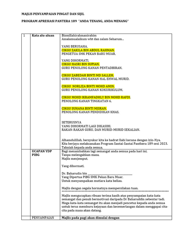Teks Acara Penyampaian Pingat Dan Sijil Program Santai Panthera Seharum 2023 | PDF