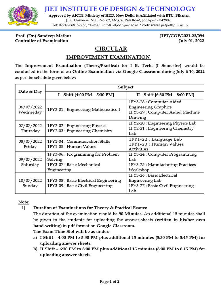 094 - JIETDAT-BTU-I B.Tech. (I Sem.) (Improvement Examinations Schedule ...