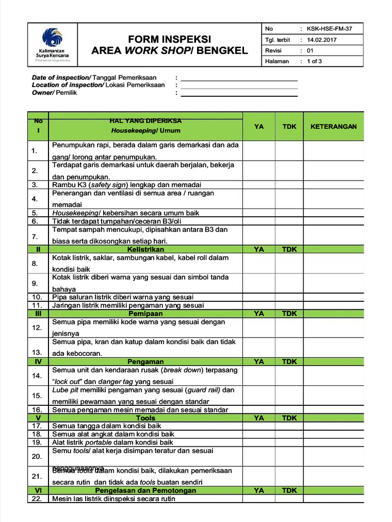 PDF KSK Hse FM 37 Formulir Inspeksi Area Workshop Atau Bengkel Compress ...