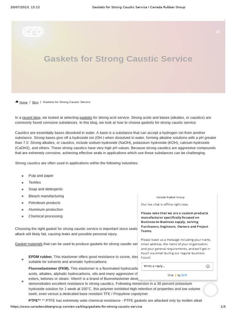 Gaskets For Strong Caustic Service I Canada Rubber Group | PDF | Sodium ...