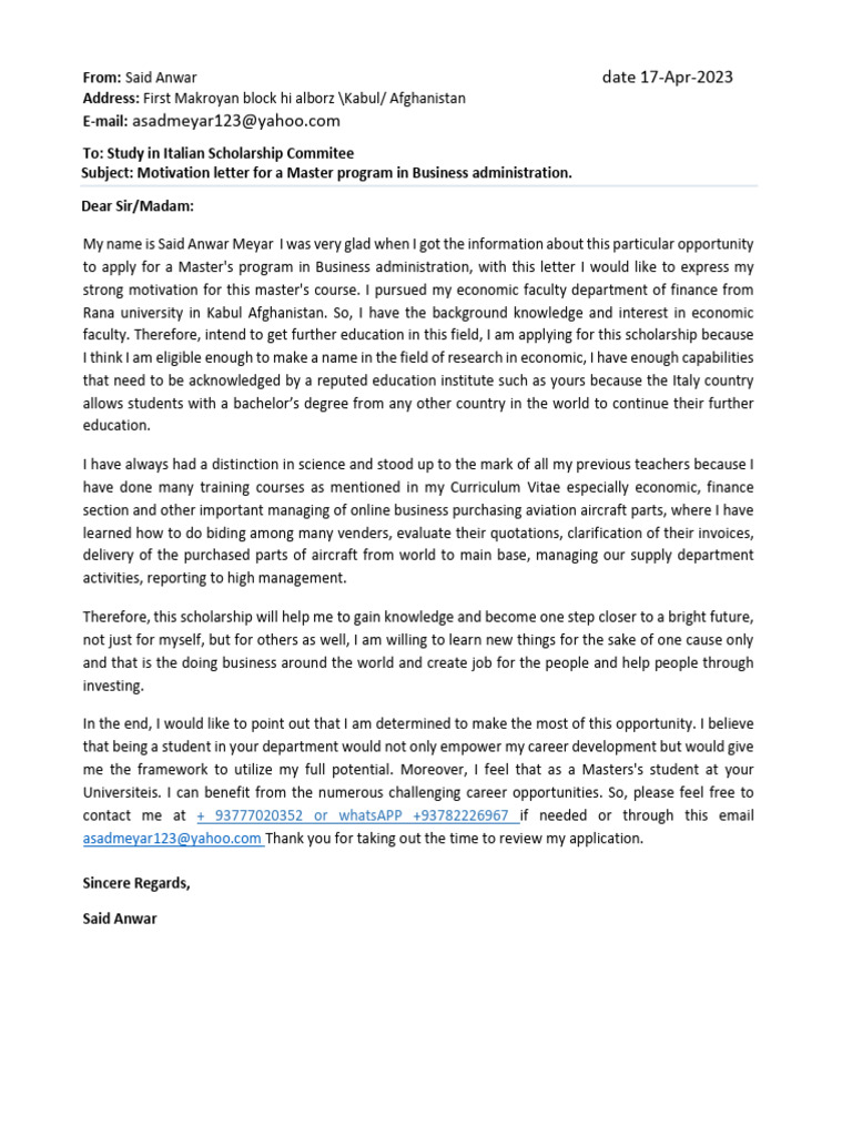 PDF Motivation Letter. | PDF | Master's Degree | Cognition