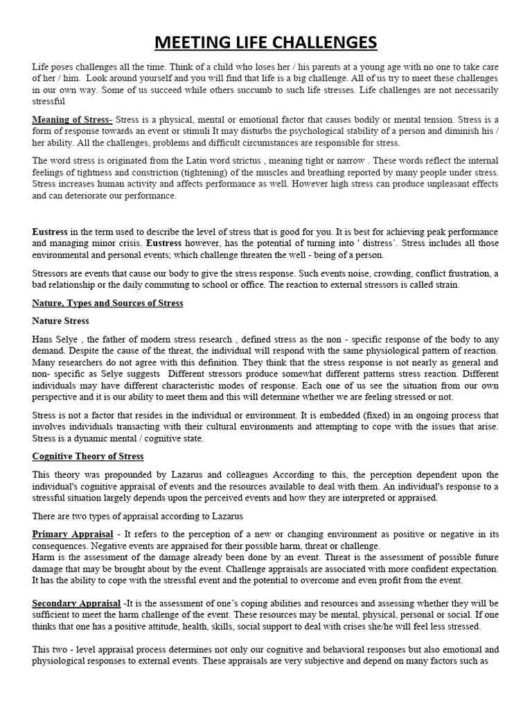 Class 12 Notes on Life Challenges | PDF | Stress (Biology) | Relaxation ...