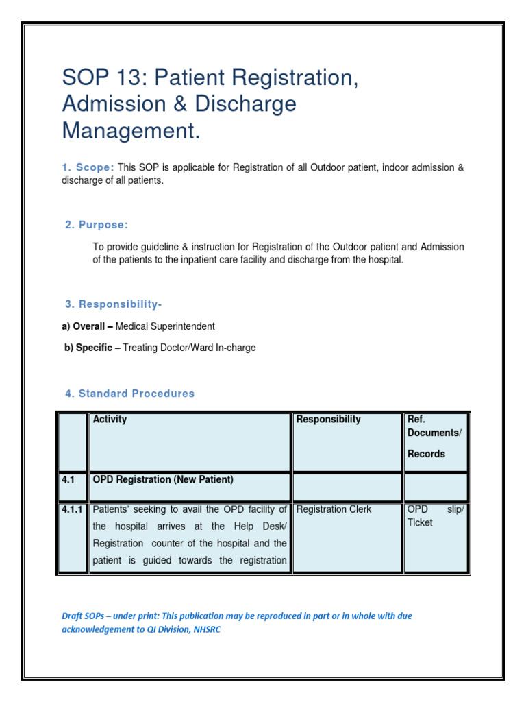SOP for Patient Registration & Discharge | PDF | Patient | Housekeeping