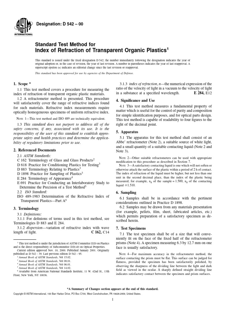 Index of Refraction of Transparent Organic Plastics: Standard Test ...
