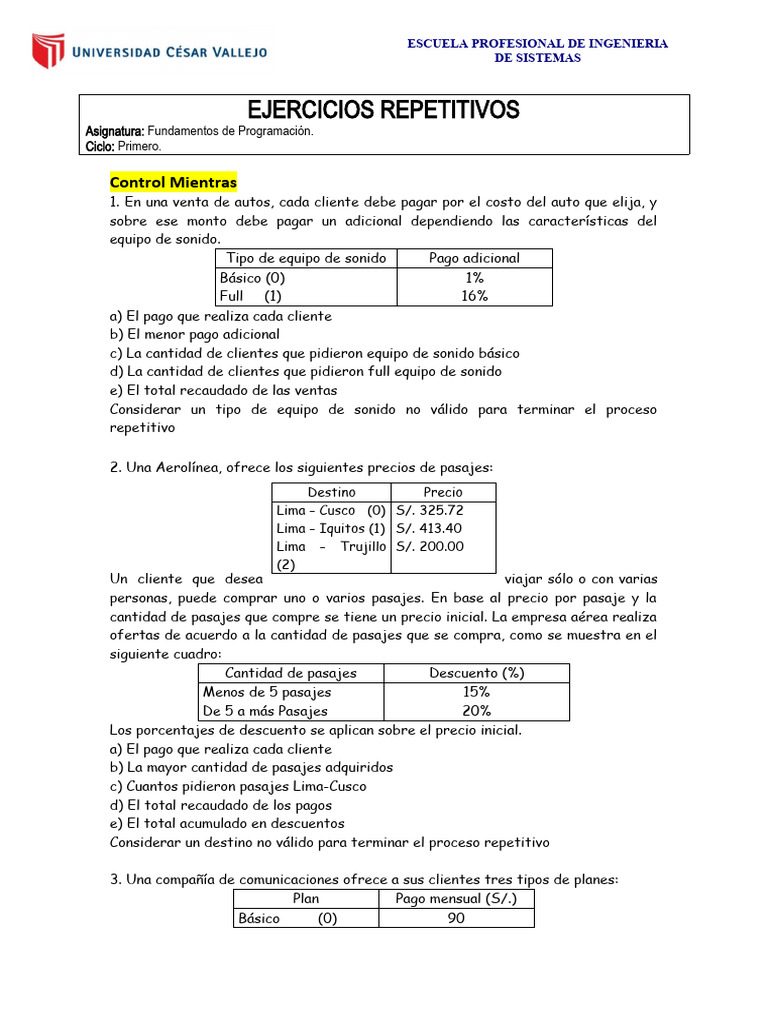 Ejercicios de Control Repetitivo en Programación | PDF | Business ...