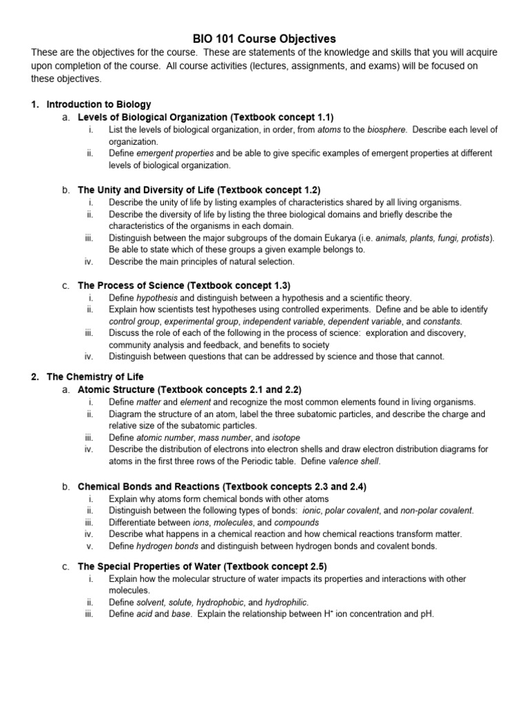 BIO 101 Course Objectives Sp23 | PDF | Cell Membrane | Cellular Respiration