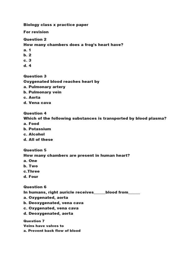 Biology Class X Practice Paper | PDF | Heart | Vein
