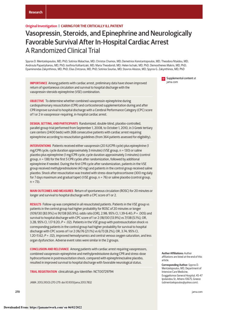 Vasopressin, Steroids, and Epinephrine and Neurologically Favorable Survival After In-Hospital ...