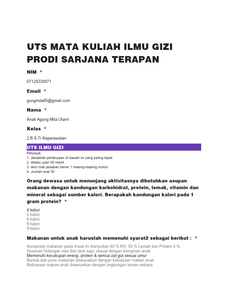 Uts Mata Kuliah Ilmu Gizi Prodi Sarjana Terapan | PDF | Kesehatan Holistik