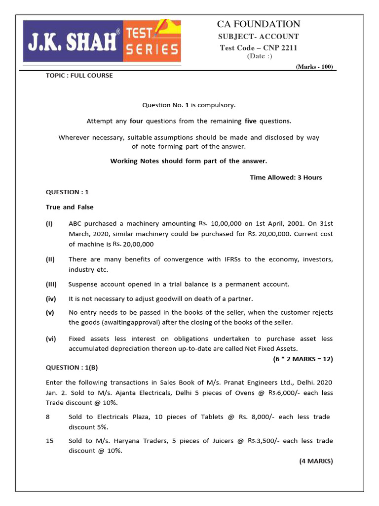 J.K Shah Full Course Practice Question Paper | PDF | Debits And Credits ...