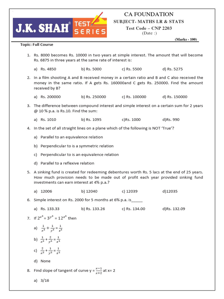 CA Foundation Maths Test Paper | PDF | Mean | Standard Deviation