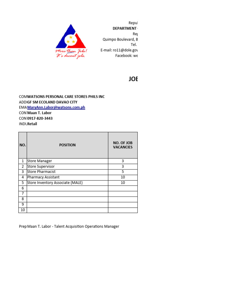 2023 Job Vacancies Template DOLE | PDF | Pharmacist | Economies