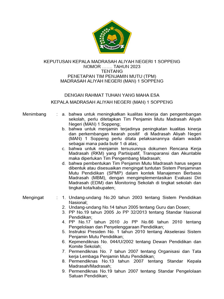 SK Tim Penjaminan Mutu MAN 1 Soppeng | PDF | Karier & Perkembangan