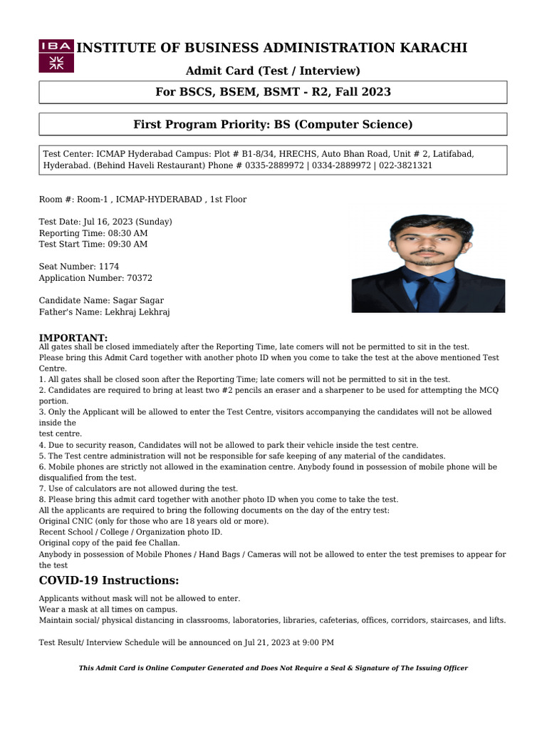 IBA Karachi BSCS Test Admit Card | PDF | Business | Technology ...