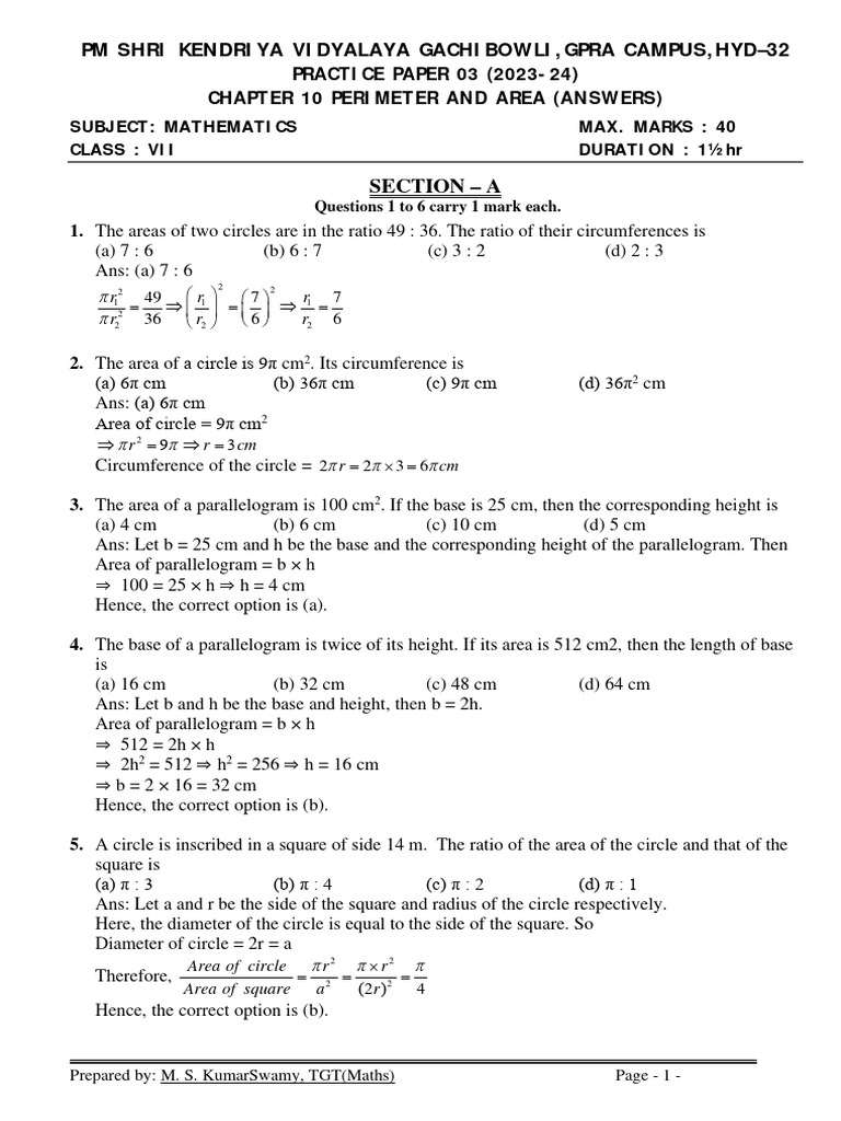Class 7 Geometry: Perimeter & Area Test | PDF | Area | Circle