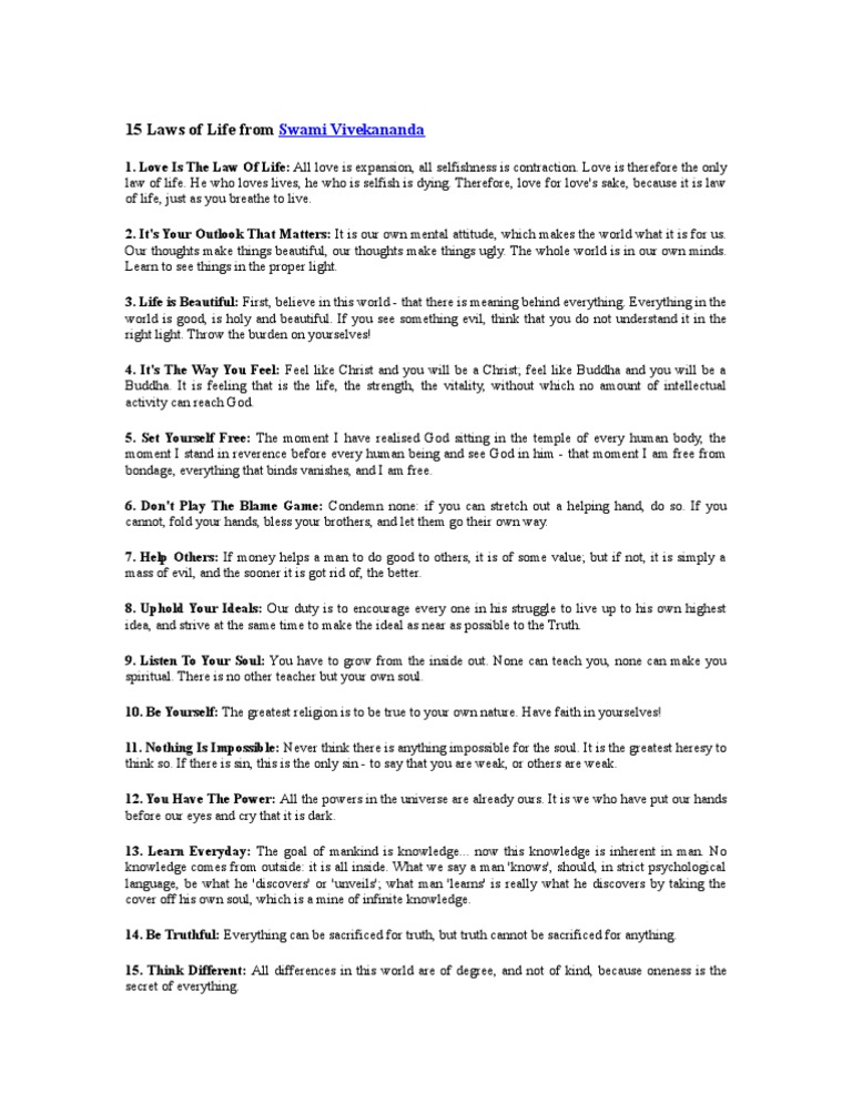 15 Laws of Life From Swami Vivekananda | PDF | Love | Truth