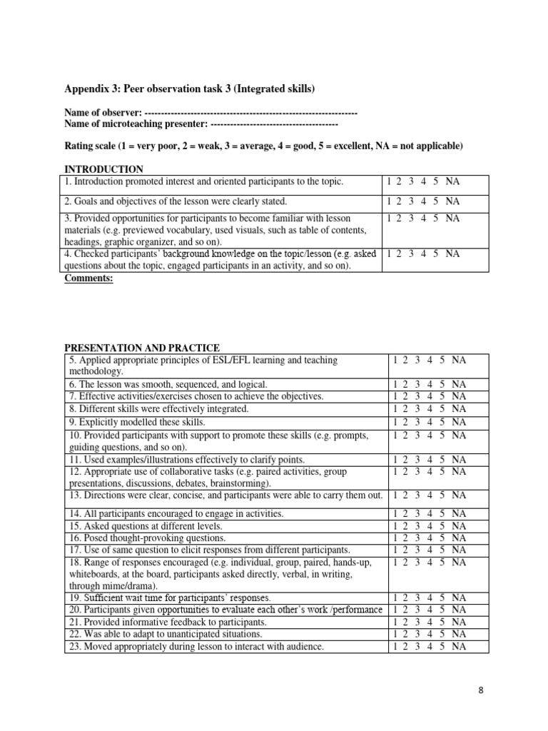 Peer Observation Form - Integrated Skills | PDF | English As A Second ...