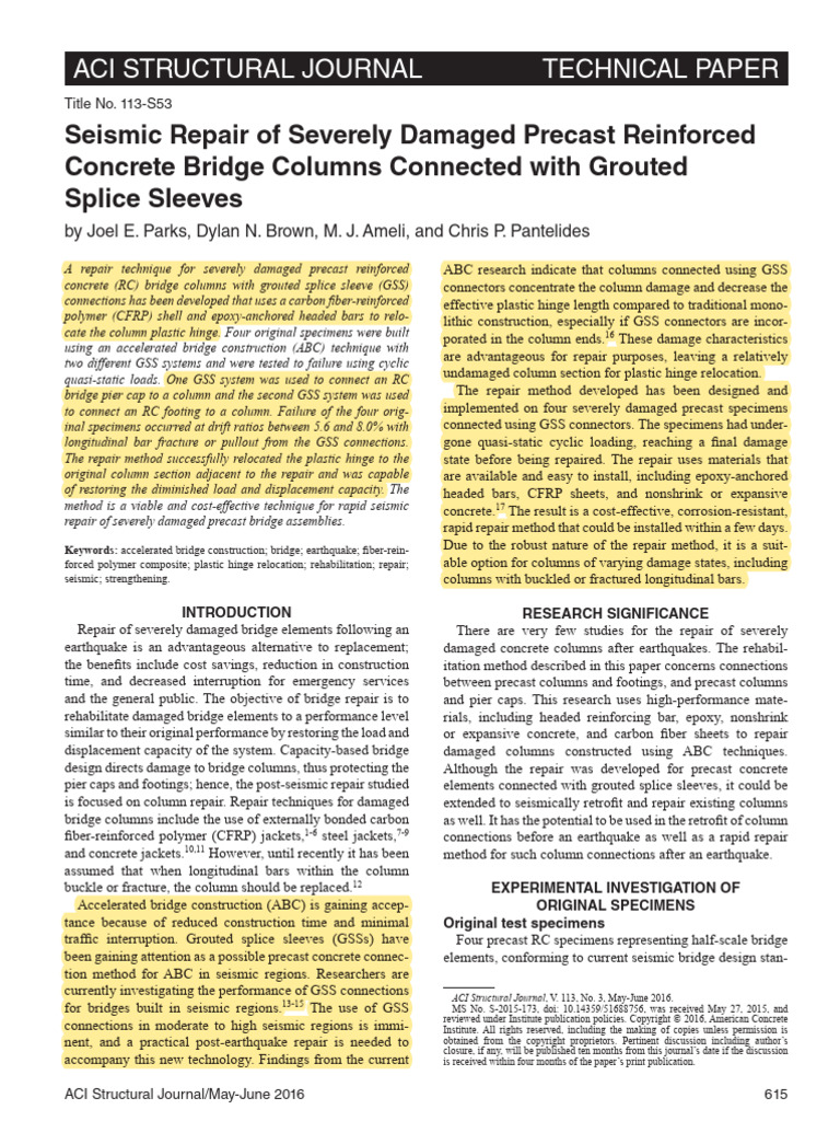 Seismic Repair of Severely Damaged Precast Reinforced | PDF | Fracture | Strength Of Materials