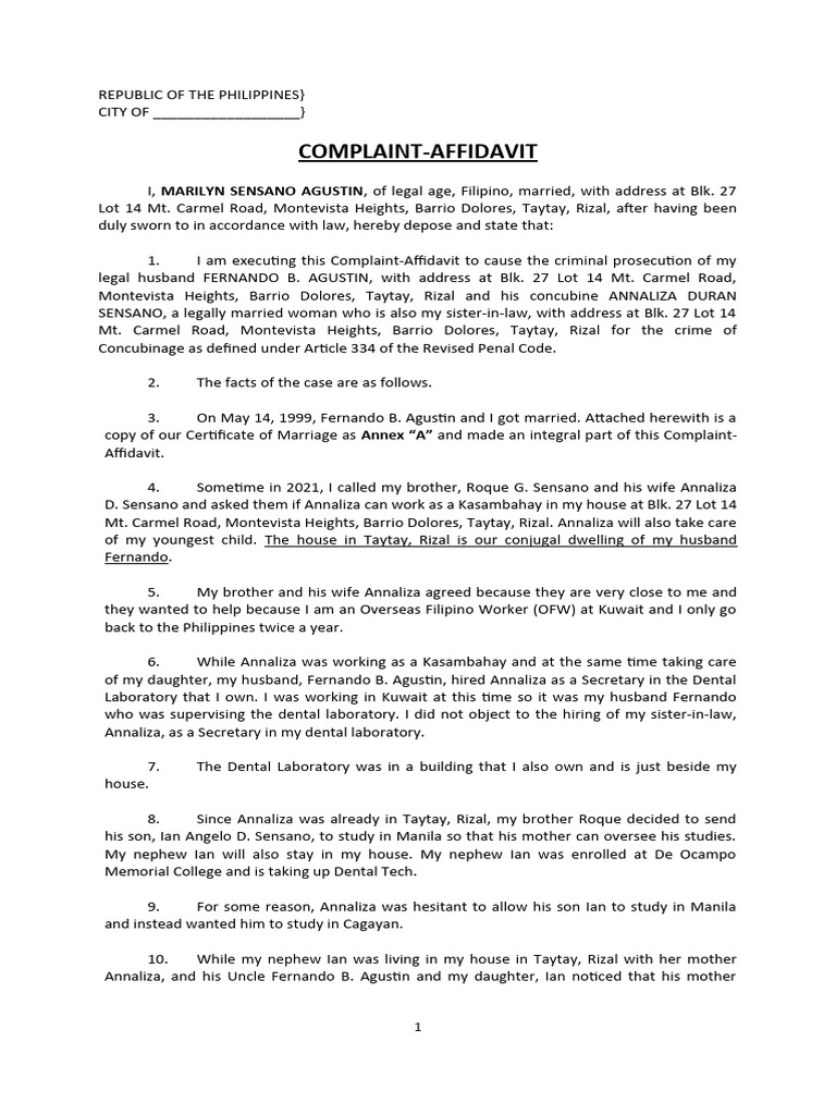 COMPLAINT AFFIDAVIT - Marilyn S. Agustin | PDF | Affidavit | Husband