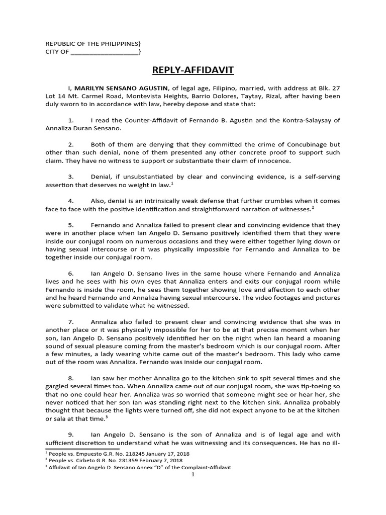 Reply - Affidavit.Marilyn S. Agustin | PDF | Hearsay | Justice