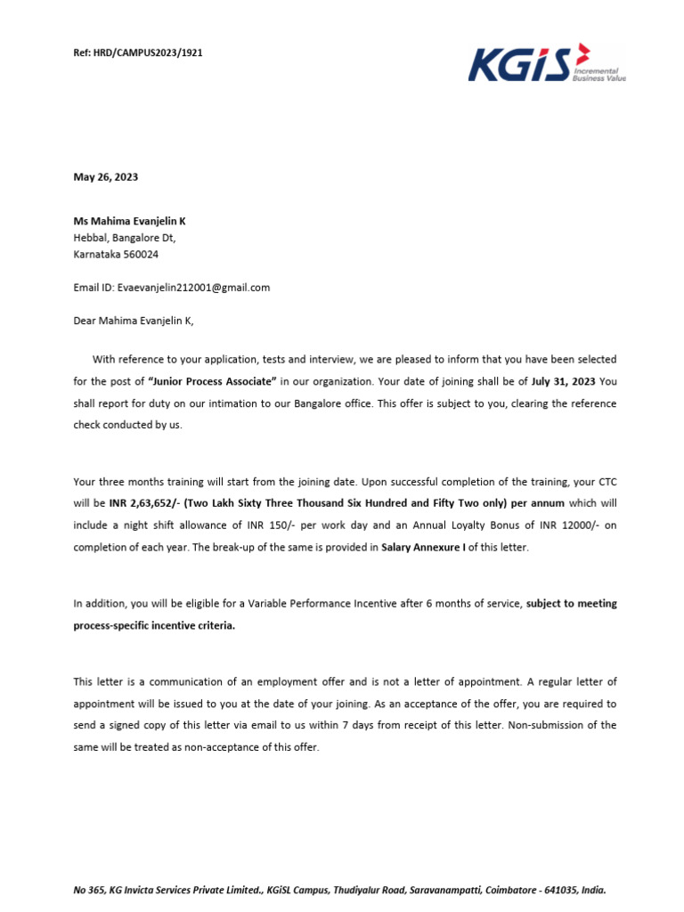 KGIS - Offer Letter - Mahima Evanjelin K | PDF | Salary | Employment