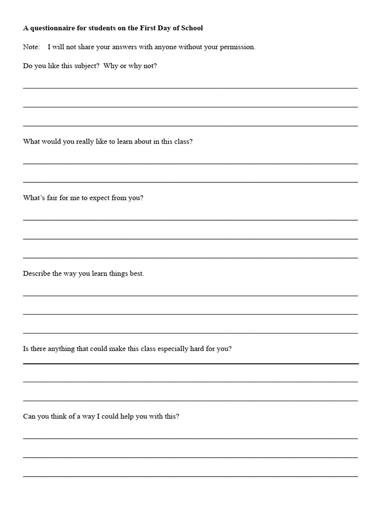 A Questionnaire For Students On The First Day of School | PDF ...