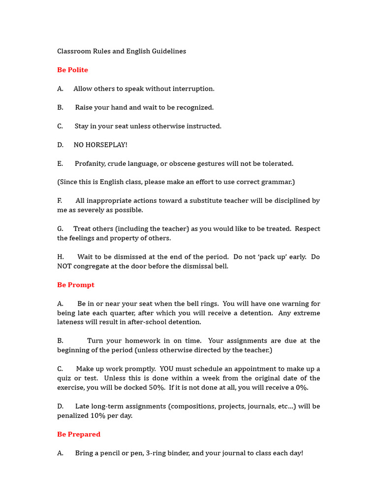Classroom Rules and English Guidelines | PDF | Teachers | Behavior Modification