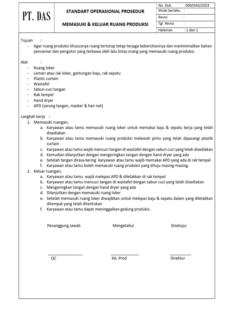 SOP Masuk dan Keluar Ruang Produksi | PDF | Teknologi & Rekayasa ...