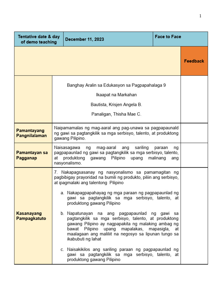 Tentative Date & Day of Demo Teaching December 11, 2023 Face To Face | PDF