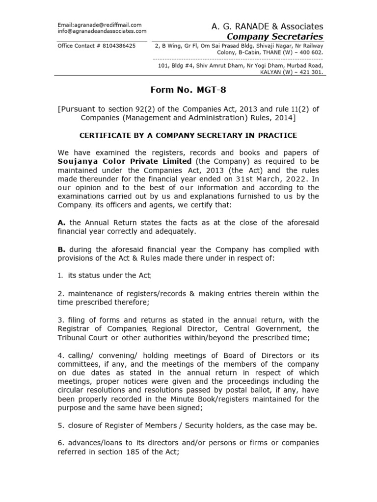 Form MGT-8 21 22 | PDF | Securities (Finance) | Dividend