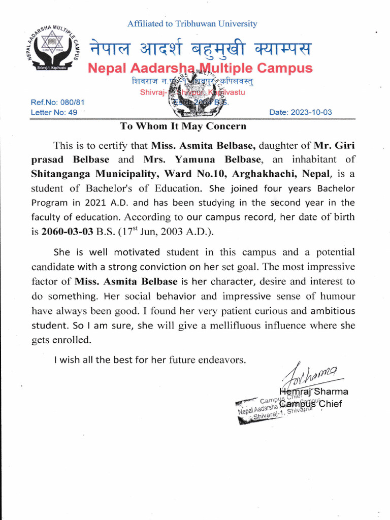 Asmita Belbase Collage Recomdation Letter - 20231003 - 0001 | PDF