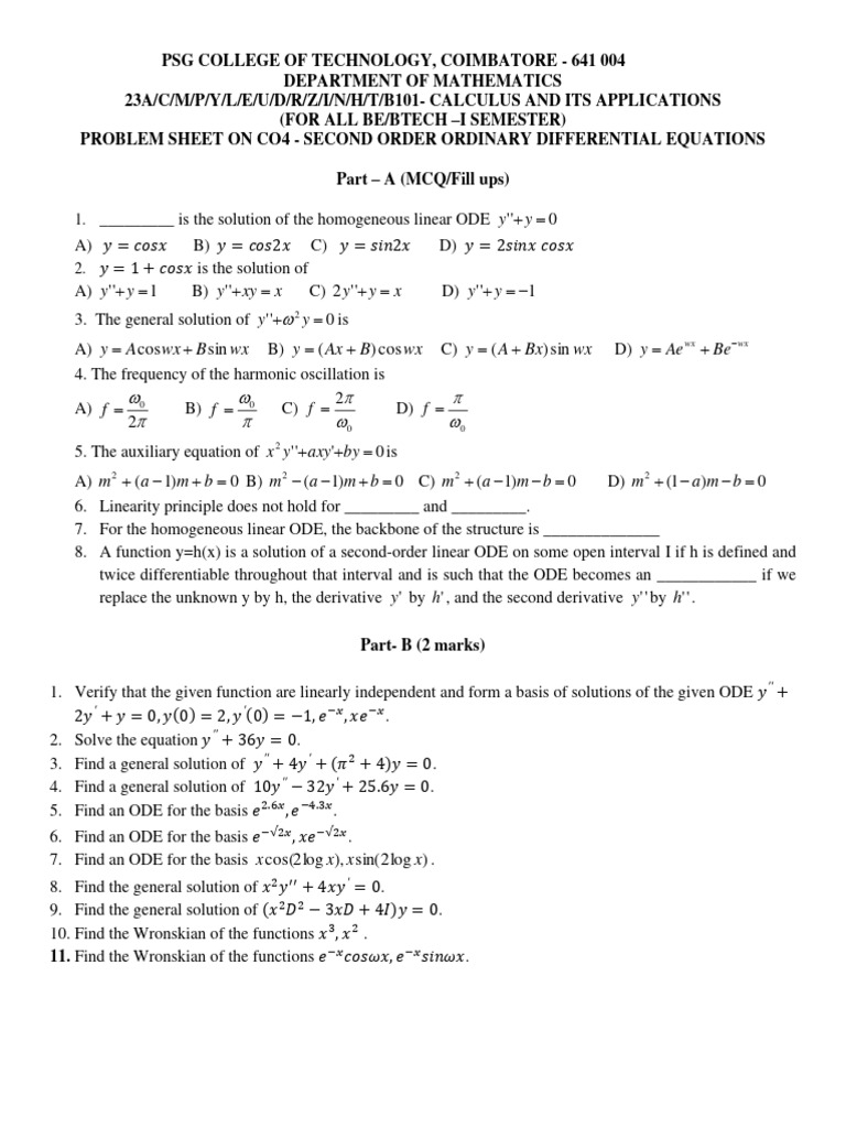 Co4 Problem Sheet For CIA | PDF | Ordinary Differential Equation | Mathematical Analysis